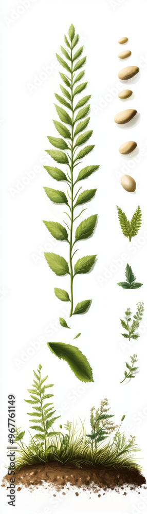 Lycopodium plant life cycle illustrated with detailed leaves, spores ...