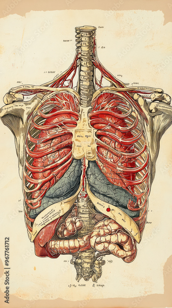 Anatomical diagram of human thoracic cavity showcasing detailed ...