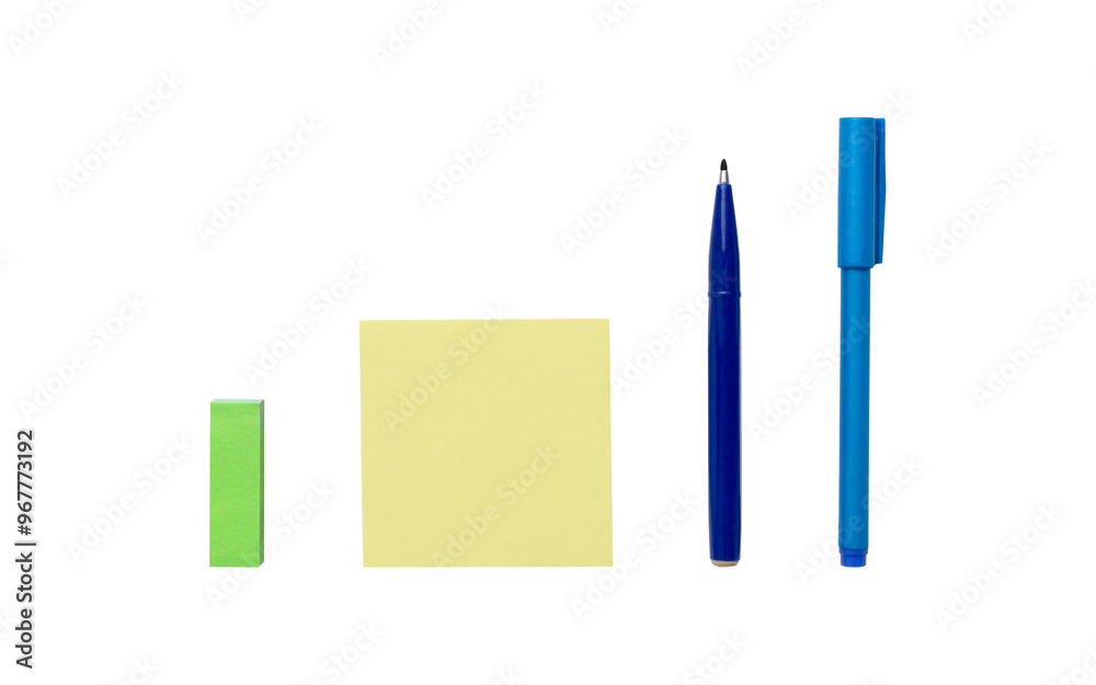 Stationery clippings of blue sign and ballpoint pens, yellow square ...