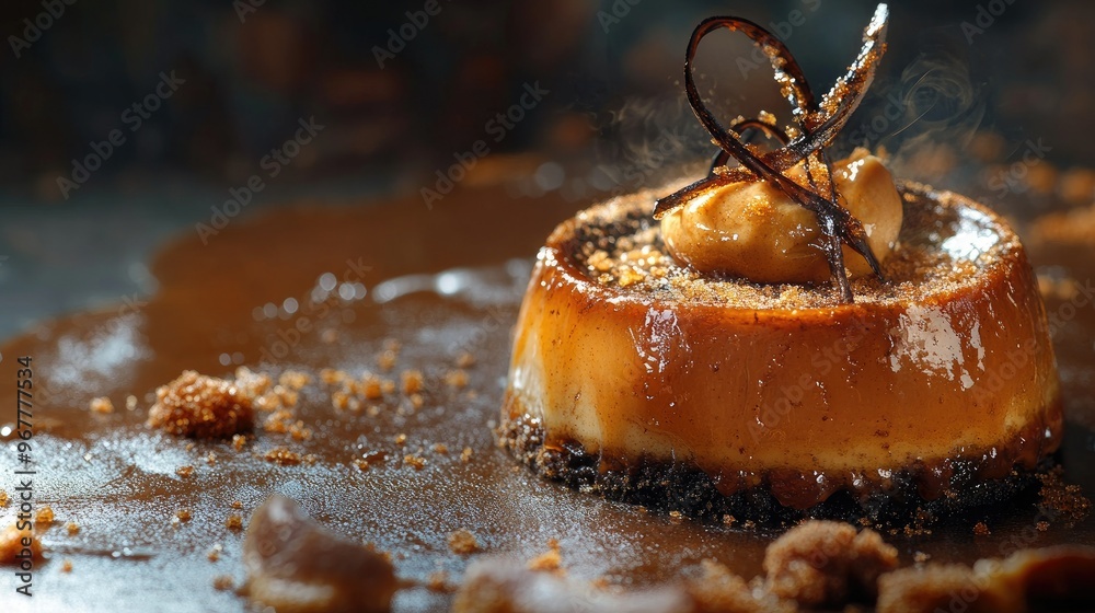 A rich dessert featuring a perfectly caramelized sugar crust, captured ...