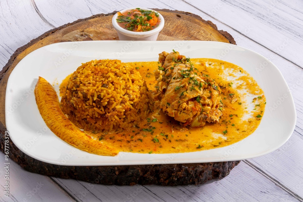 A vibrant, traditional Ecuadorian dish, Seco de Pollo, served with ...