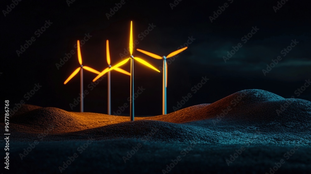 Dramatic night scene of illuminated wind turbines on rolling hills ...