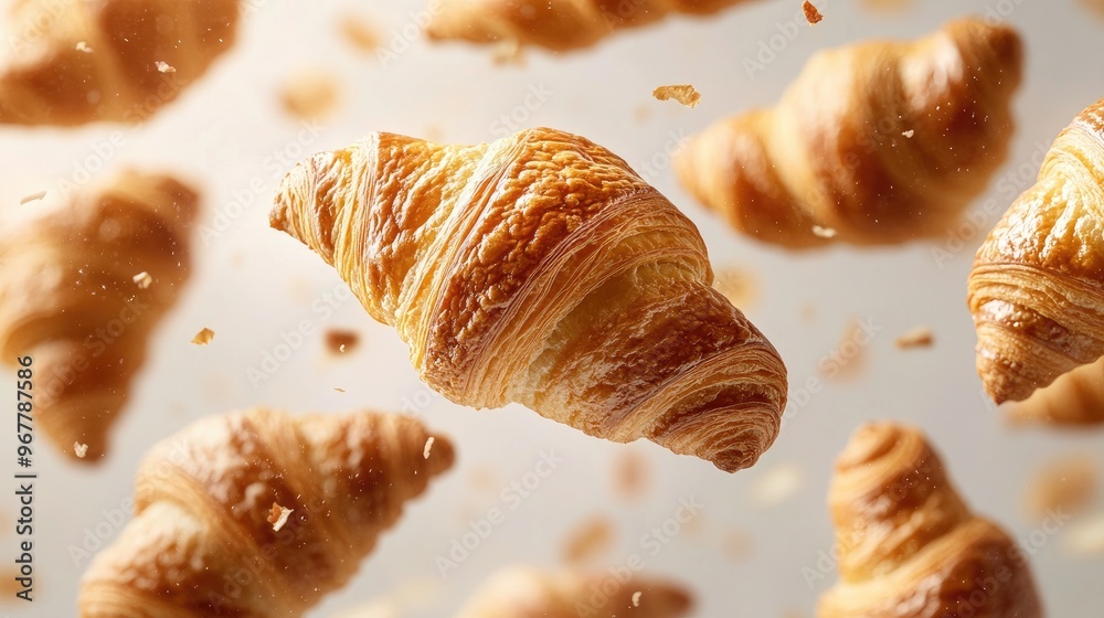Freshly baked croissants falling from above, golden and flaky, mid-air ...