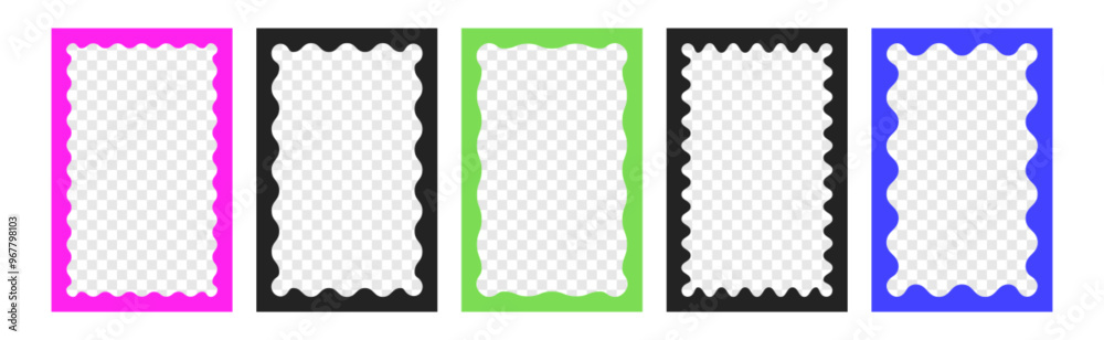 Vector set of rectangle squiggle photo frames with wavy edges. Zigzag wave borders, wiggly ...