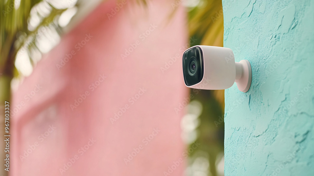 A sleek smart home security camera is mounted on the pastel-colored ...