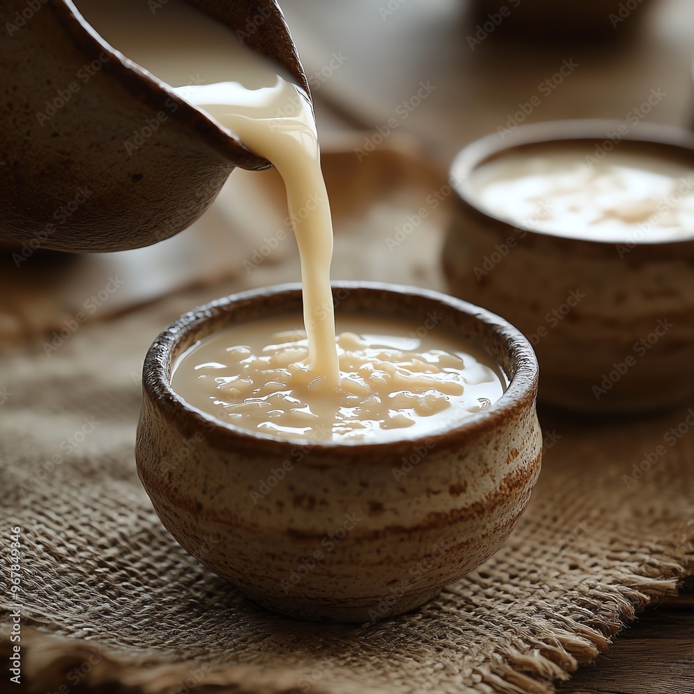 Closeup of Korean rice wine makgeolli being poured into a rustic cup ...