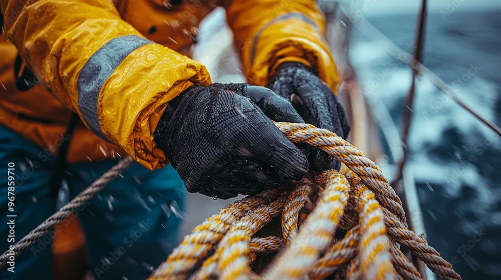 Detail of hands cleating off superyacht mooring lines on the foredeck ...