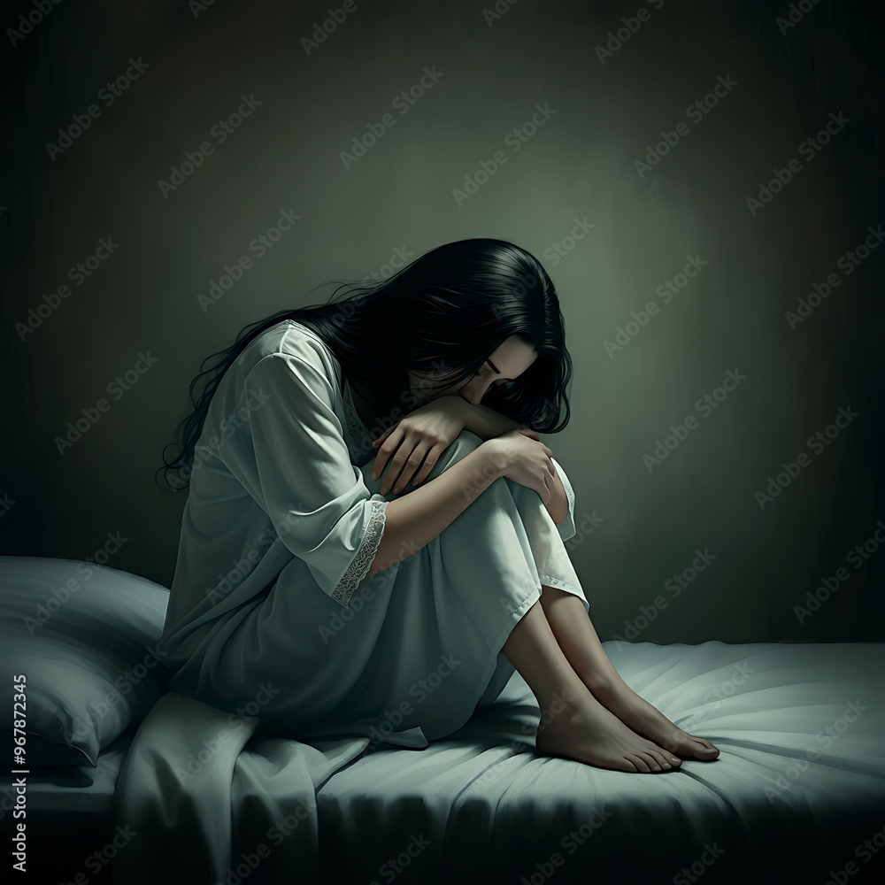 Depressed woman sadly sitting on the bed in the bedroom. Sad asian ...