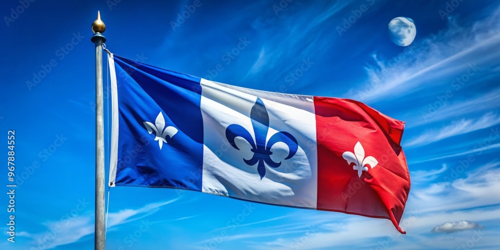 Vibrant red and blue flag with white crescent moon and fleur-de-lis ...