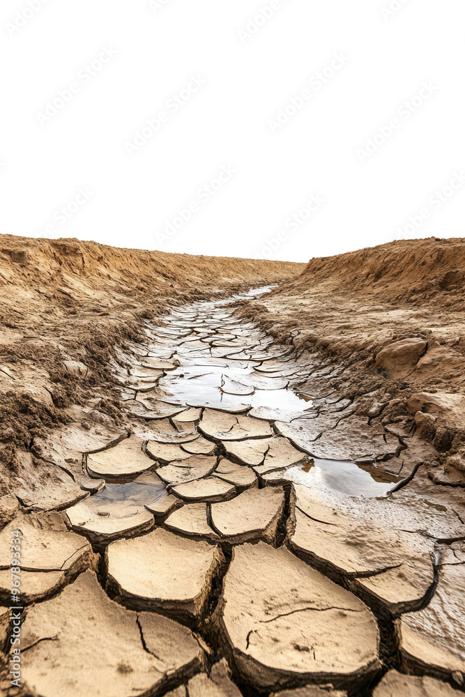 A dry riverbed representing water scarcity on transparent background ...