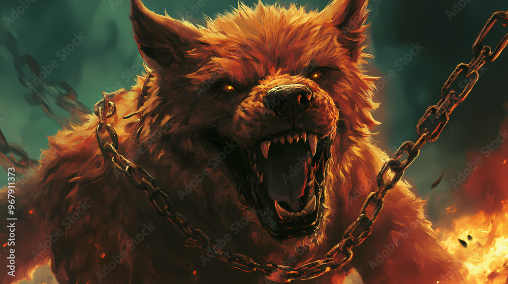 An illustration of a dog hellhound with a chain necklace around its ...