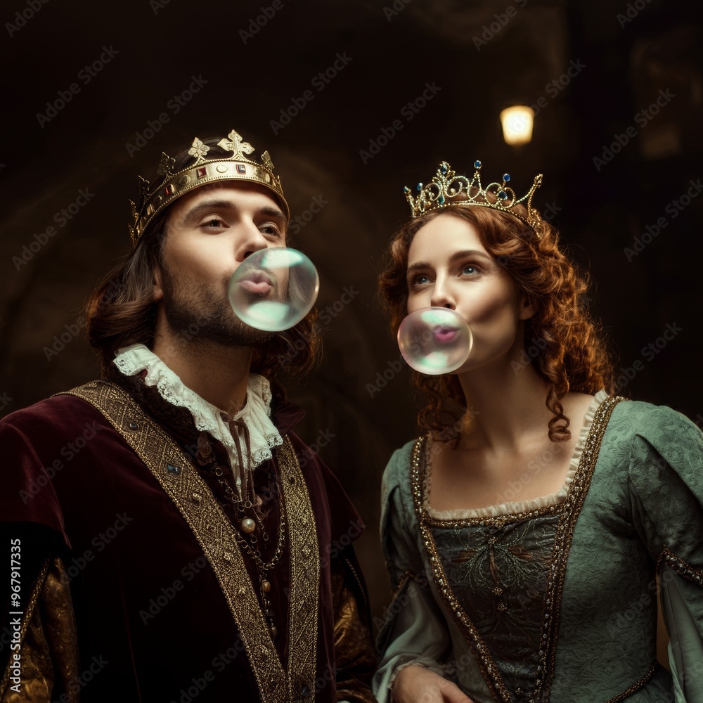 Young people medieval prince and princess in vintage costumes with ...