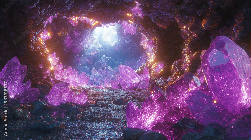 Fantasy scene of a crystal cave illuminated by glowing gemstones ...