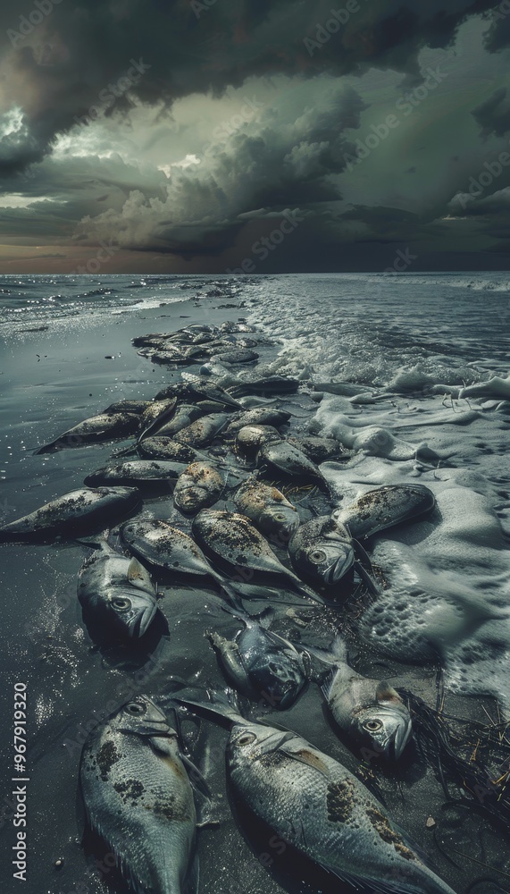 Dead fish scatter the beach under dark clouds, highlighting the ...