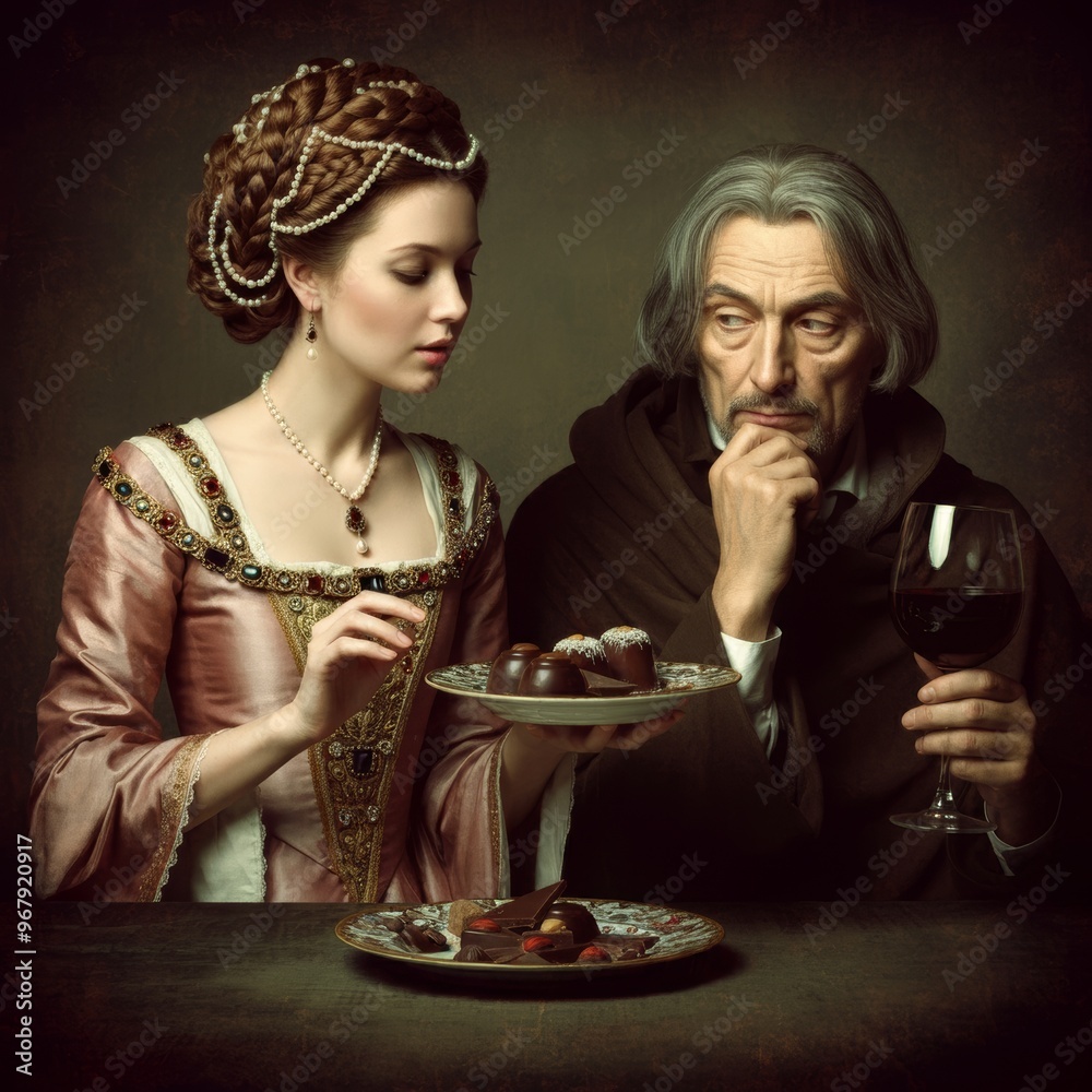 Beautiful medieval queen eating chocolate, famous middle age composer ...
