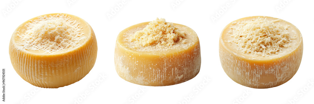 set of a wheel of Parmigiano-Reggiano cheese with a distinctive grated ...