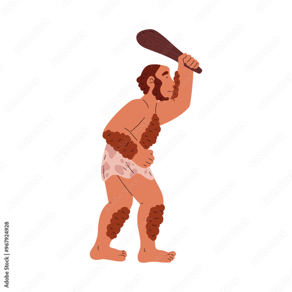 Stone age primitive hairy man club, vector cartoon caveman, Neanderthal ...