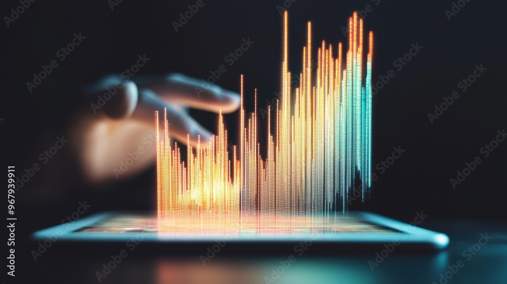 A digital graph coming out of a tablet, with lines and bars growing ...