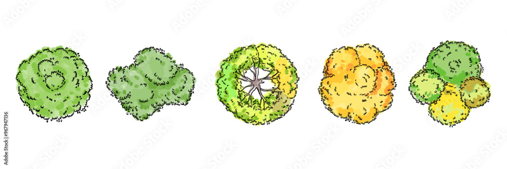 Watercolor tree top view icon set, vector hand drawn green yellow bush ...