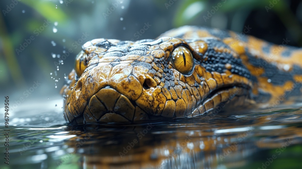 Giant anaconda yellow eyes, amazon rainforest background, cinematic ...