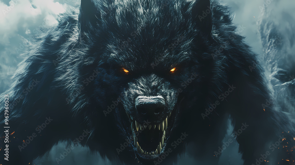 Mega realistic high-contrast, cinematic still of fenrir the cerberus ...