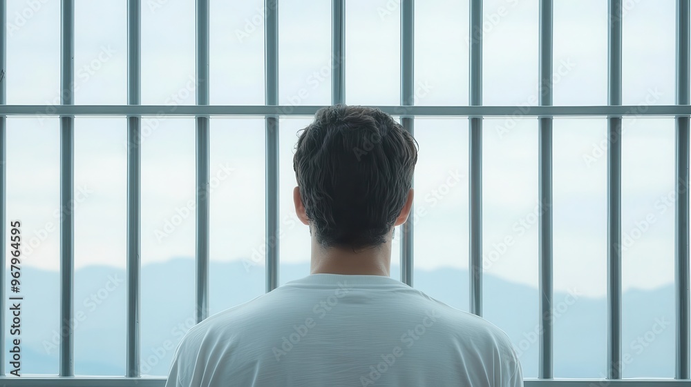 Inmate gazing at the world outside through narrow prison bars, Prison window view, longing for ...
