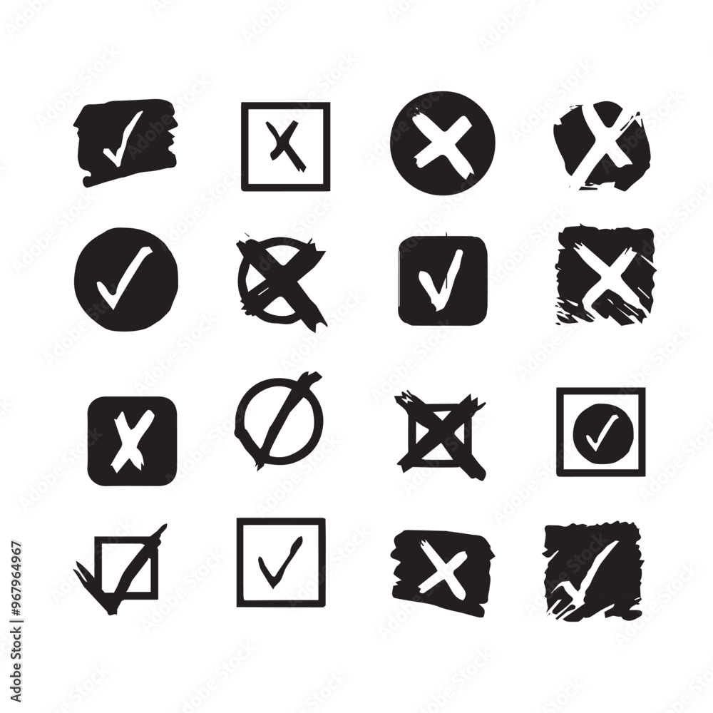 Symbols of agreement and disagreement, brush strokes in the grunge ...