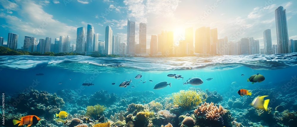 Underwater Cityscape with Vibrant Coral Reef Ecosystem and Sustainable ...