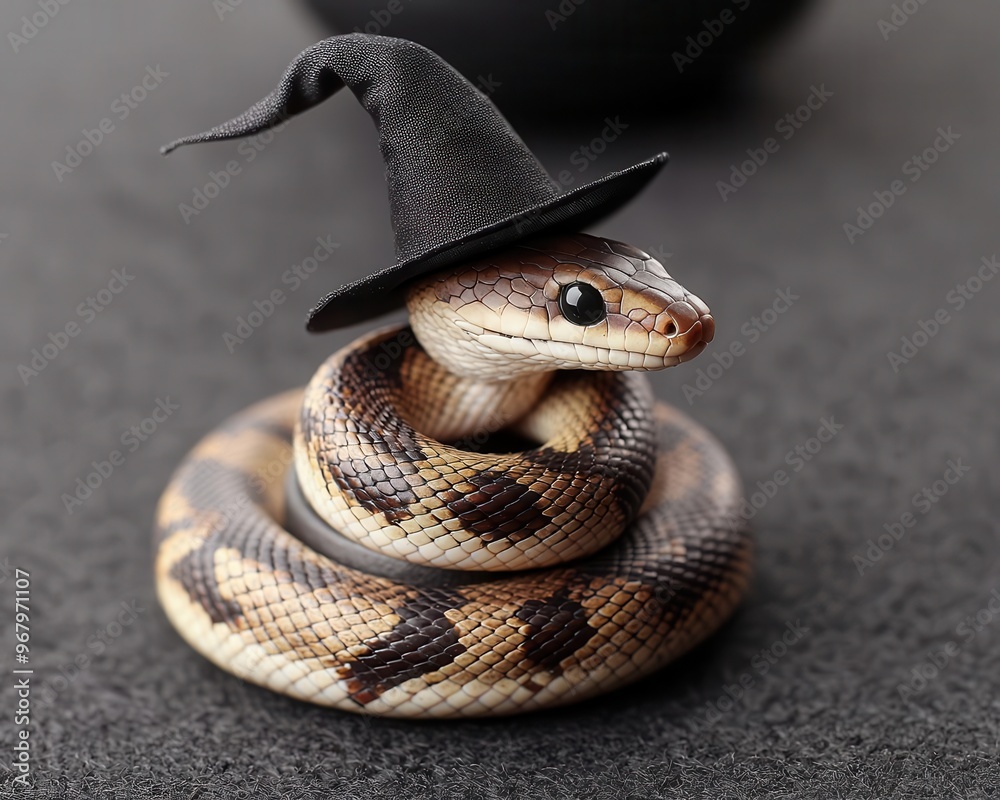 Snake wearing a tiny witch hat coiled around a cauldron, Snake in witch ...