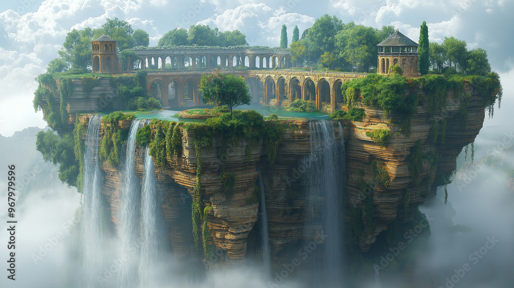 Surreal landscape of floating islands with interconnected bridges and ...