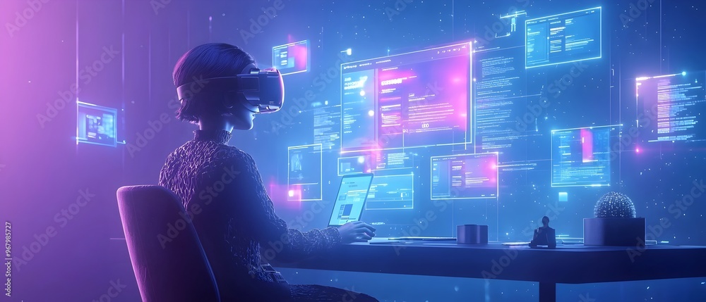 Virtual Reality Scene of a User Building a Website in a 3D Futuristic ...