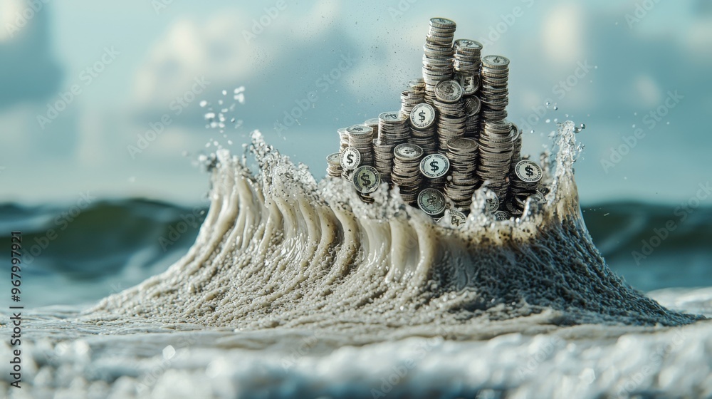 Eroding Sandcastle of Wealth: A sandcastle made of coins and currency ...
