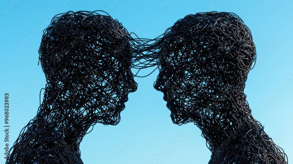 Two abstract human figures facing away from each other, their torsos ...