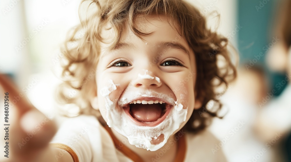 Joyful toddler with messy whipped cream all over his face and hair ...