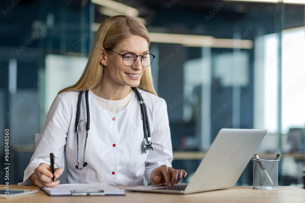 Confident female doctor wearing glasses and stethoscope using laptop in ...