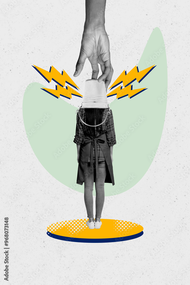 Vertical collage picture young woman head covered steel bucket hand arm ...