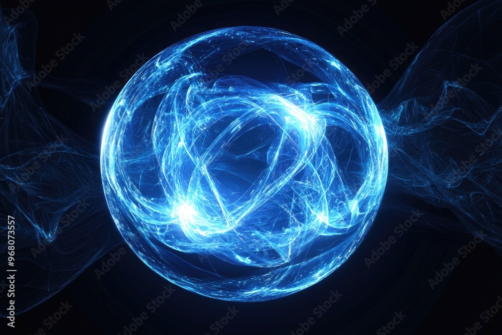 Line art illustration of a blue energy magic circle featuring a sphere ...