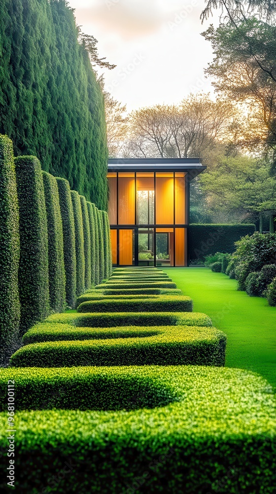 Modern house with incandescent lighting shining through large windows ...