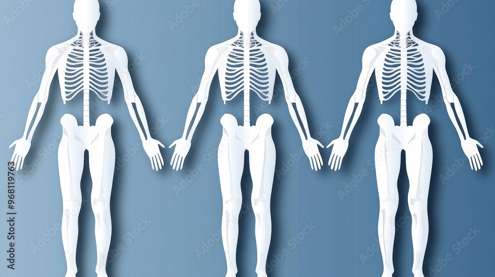 Illustration of three human skeletons highlighting anatomical structure ...