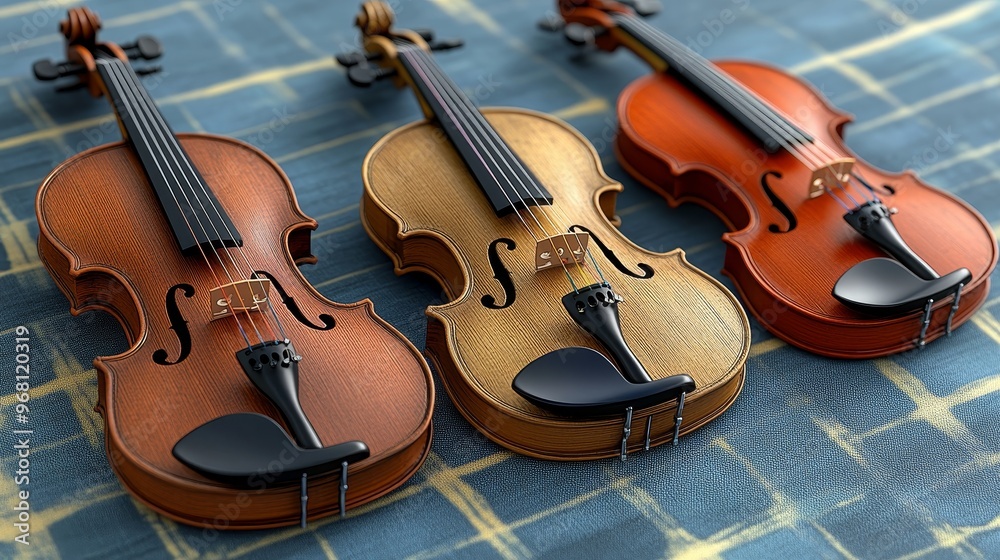 Three elegant violins showcase their rich colors and craftsmanship ...