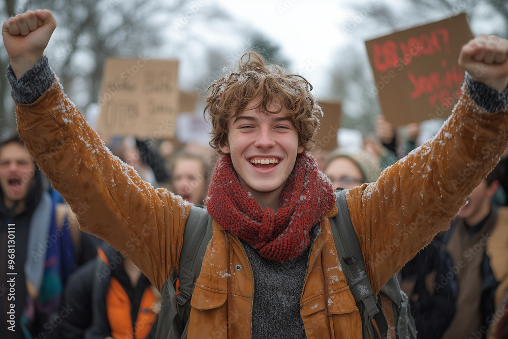 Students participating in a campus protest, holding signs and chanting ...