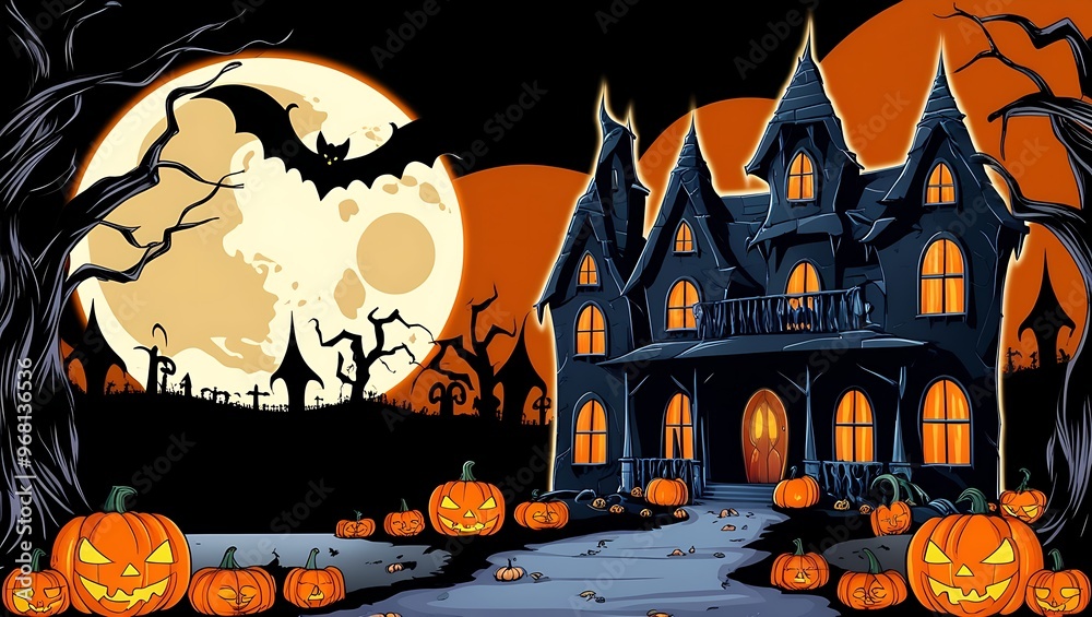 Cartoon Halloween background with black haunted house, window with ...