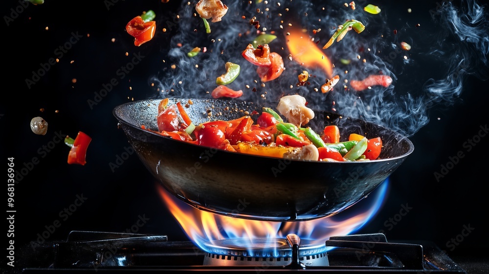 Flying wok with Asian food soaring out of it, above a gas stove with ...