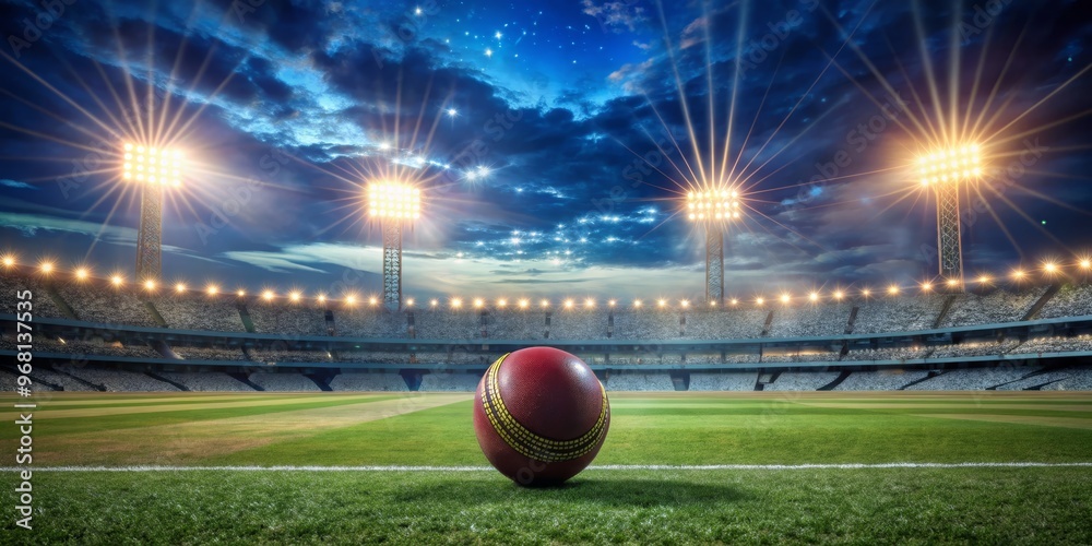 Cricket Ball Under Stadium Lights, Stadium, Night, Cricket Stock Photo ...