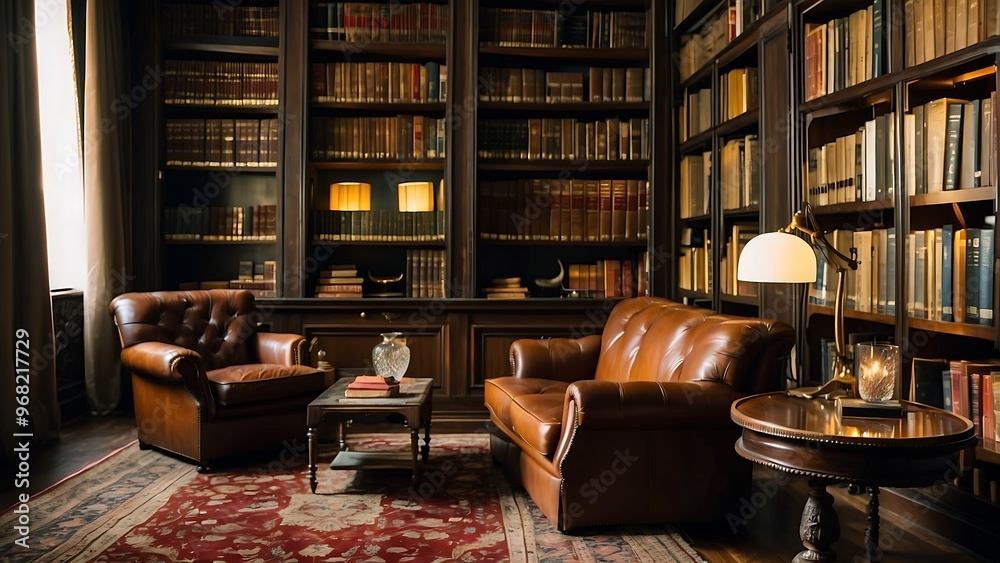 Cosy vintage library with brown leather sofas and luxurious chandelier ...