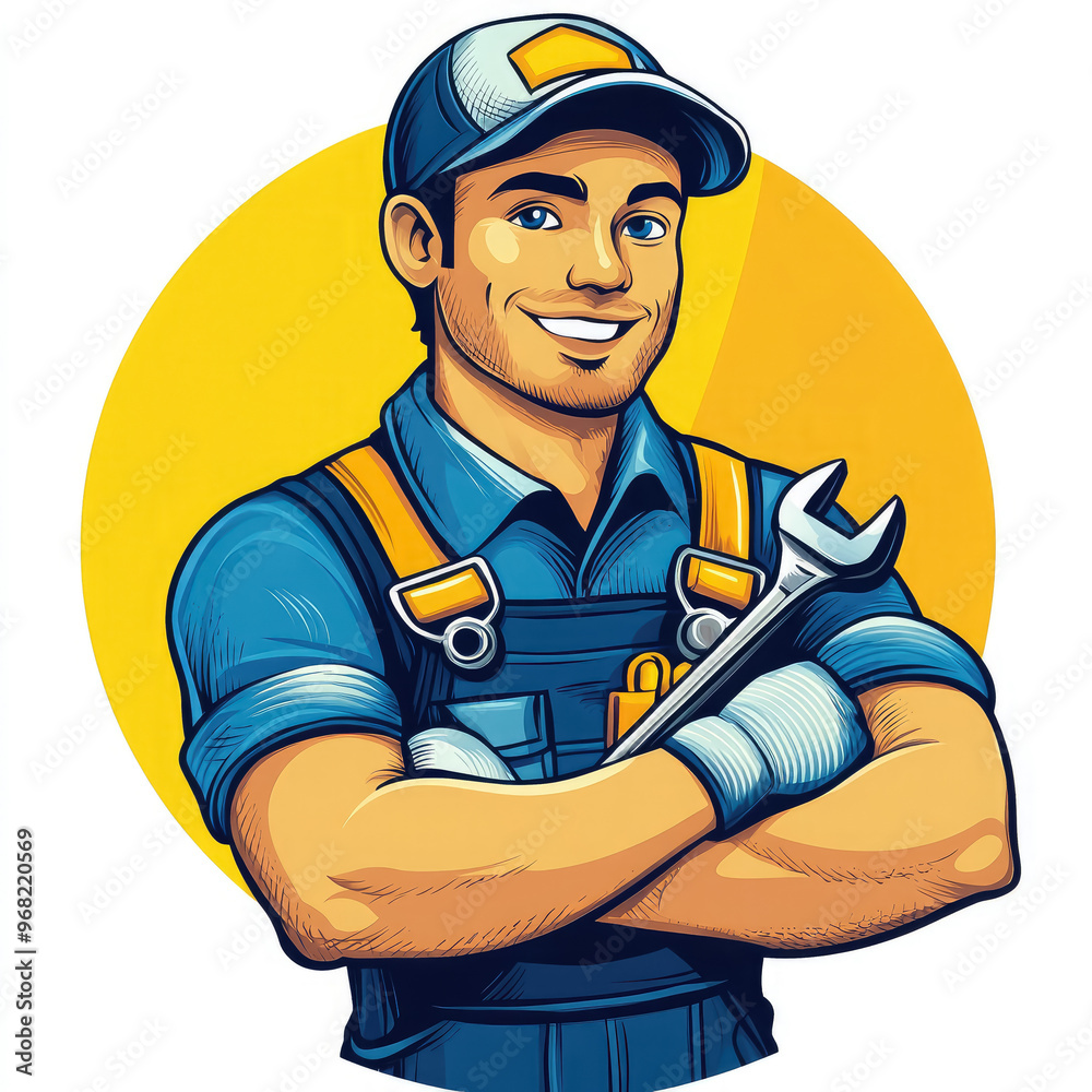 Smiling repairman in cap and overalls holding adjustable wrench, flat ...