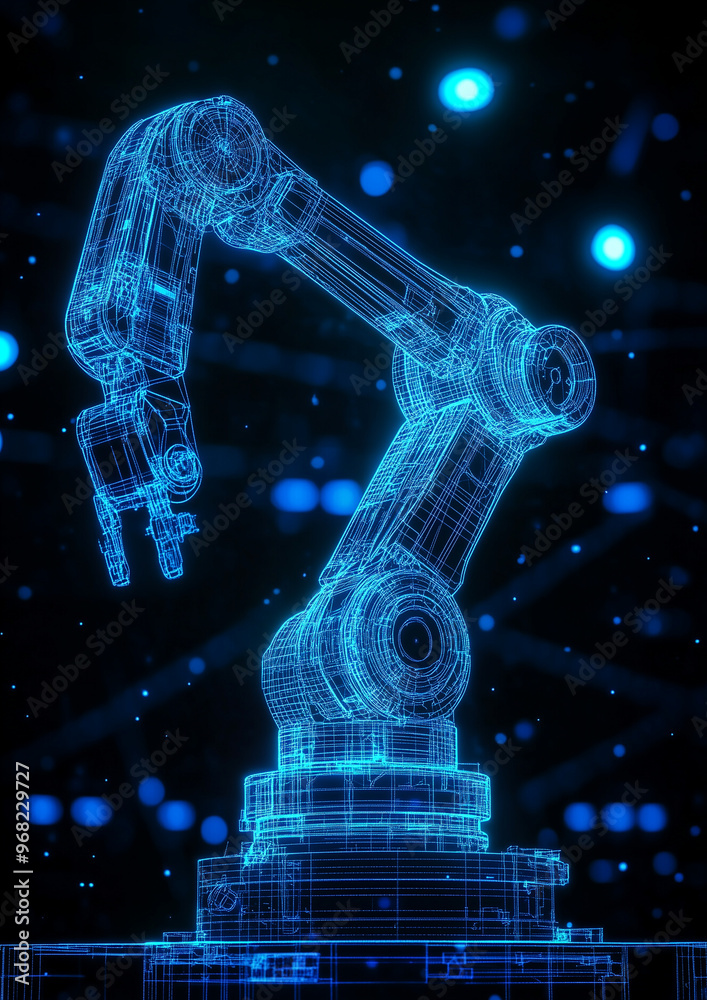 Advanced robotics and automation technology: a glowing blue wireframe ...