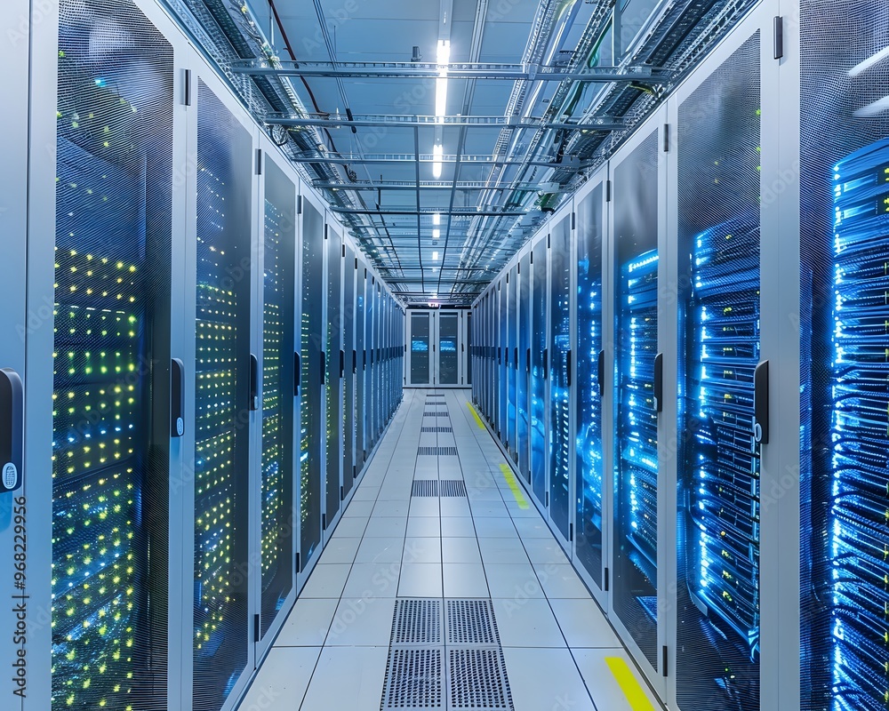 A modern data center with rows of servers illuminated by blue lights ...