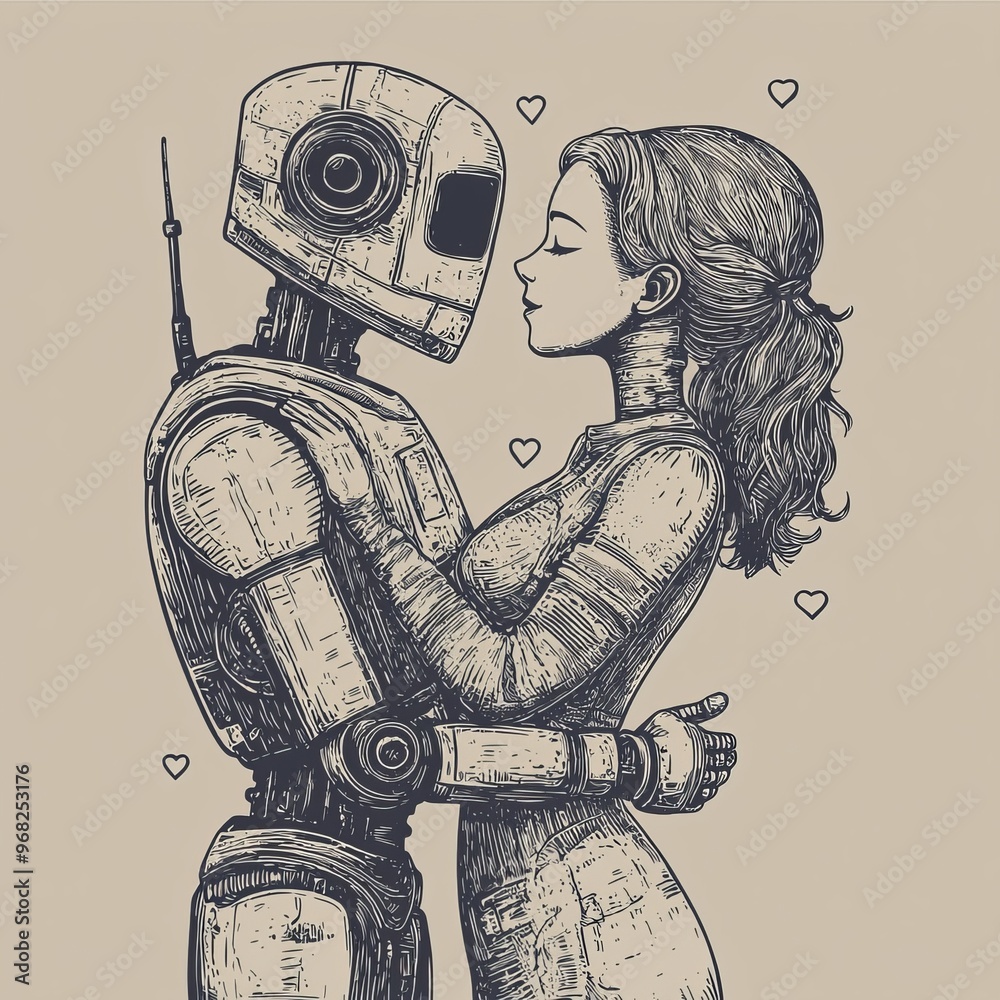 This illustration depicts two robot cyborgs hugging each other. It shows robots having feelings ...