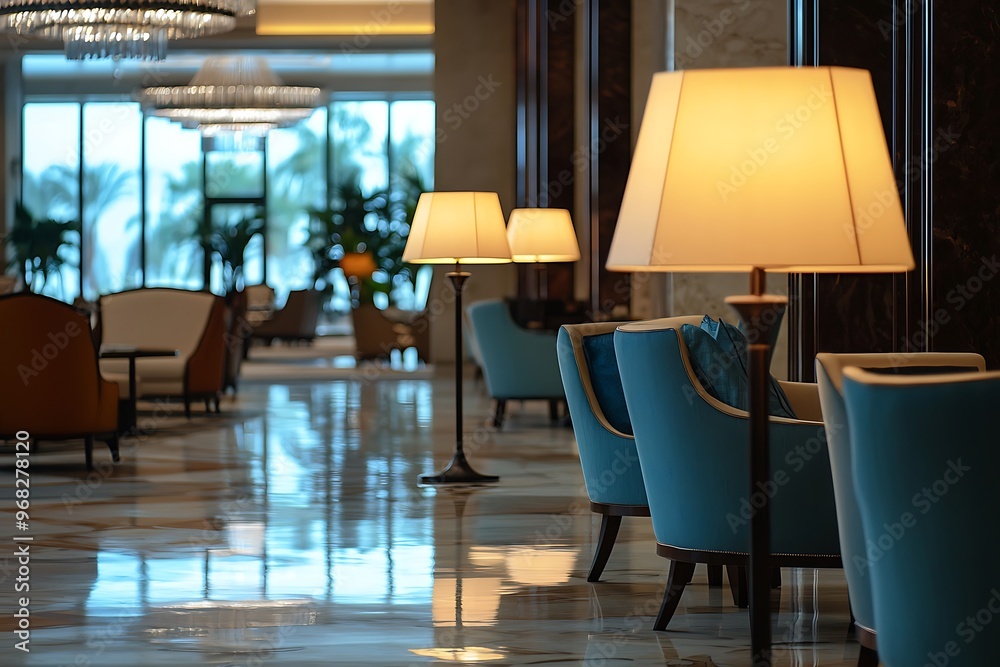 Subtly lit luxury hotel lobby accentuated with designer lamps. Stock ...